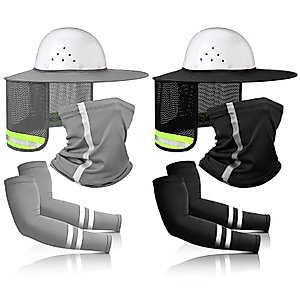 8 Pcs Hard Hat Full Brim Sun Shade Mesh Neck Sun Block Protection Neck Gaiter Bandana Face Scarf with UV Strap Arm Sleeves(Black,Gray)