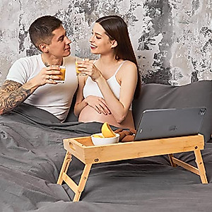 Greenual 2 Pack Bed Tray Table with Handles Folding Legs, Bamboo Breakfast Food Tray with Media Slot, Use As Platter, Laptop Desk, Snack, TV Tray Kitchen Serving Tray