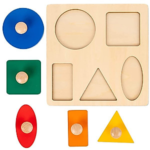 Montessori Multi Shape Wooden Puzzle Toy Baby Toddler First Jumbo Wood Peg Educational Basic (5 Geometry Shape)