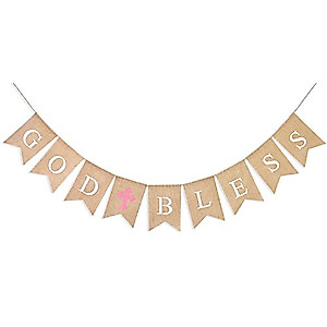 Uniwish God Bless Banner Baptism Decorations for Girls, Vintage Rustic Burlap Bunting Garland Christening Communion Party Supplies with Pink Cross