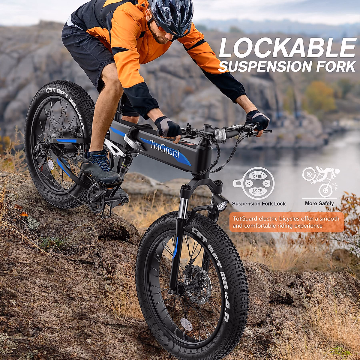 TotGuard Electric Bike, 26" x4.0 Fat Tire Electric Bike with 975W Peak Motor, 48V 10.4Ah Removable Battery, Foldable Ebike, 21.6MPH Electric Mountain Bike, Dual Shock Absorbers, 21 Speed
