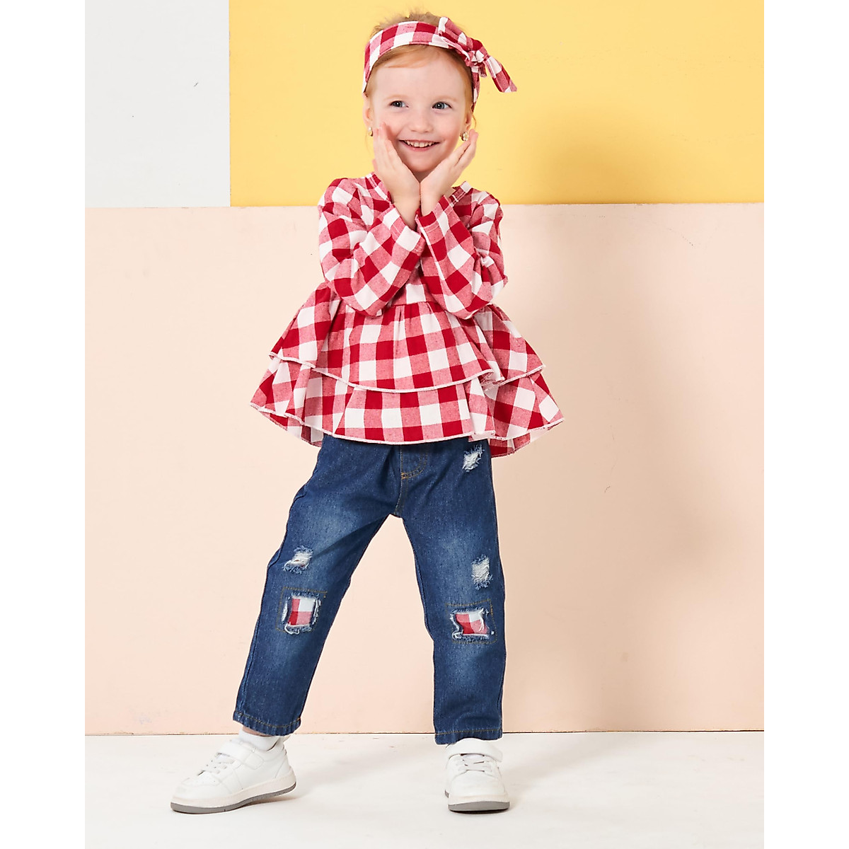 12 18 Months Girl Clothes Fall Winter Toddler Girl Clothes Outfits Cute Red Plaid Denim Pants Baby Girls Clothes 12-18 Months