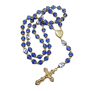 Nazareth Store Catholic Blue Crystal Beads Gold Rosary Flowers Beaded Necklace Miraculous Heart Locket Medal & Cross Religious Women Men Amulet