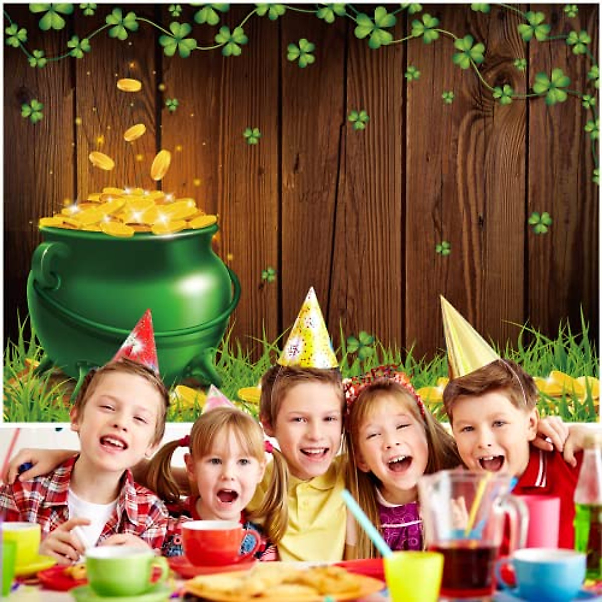 Drihanco 7x5ft St. Patrick's Day Decorations Backdrop Lucky Irish Festival Picture Background for Photography Wooden Wall Green Shamrock Clover Gold Coins Greenery Holiday Party Supplies Banner