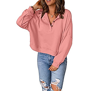 Womens Casual Long Sleeve Sweatshirts Button Up V Neck Sweatshirt Loose Solid Pullover Tops Pink