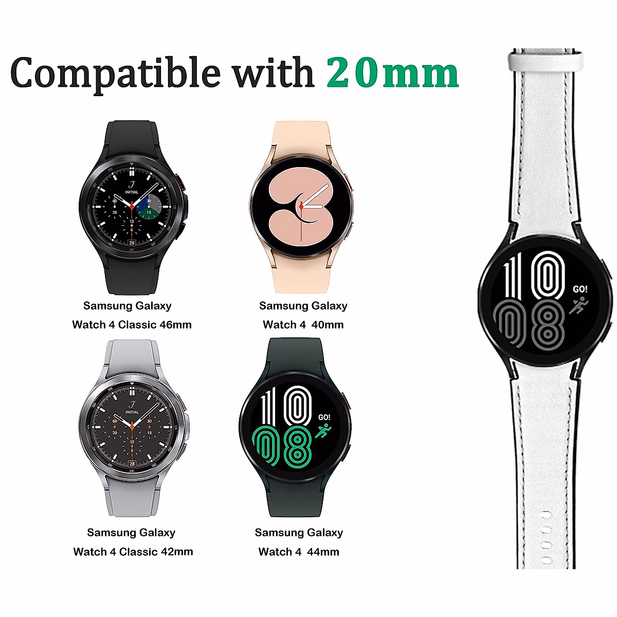 PU Leather Bands Compatible for Samsung Galaxy Watch 4 Band 40mm 44mm,20mm Adjustable Sport Replacement Watch Band Straps for Galaxy Watch 4 Classic Band 42mm 46mm Women Men, White