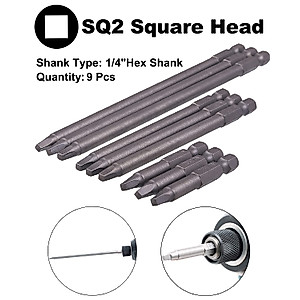 Rocaris 9 Pack 1/4 Inch Hex Shank Long Magnetic Square Head Screwdriver Bits Set Power Tools SQ2 For Poket Hole Jig- 2 inch, 4 inch, 6 inch
