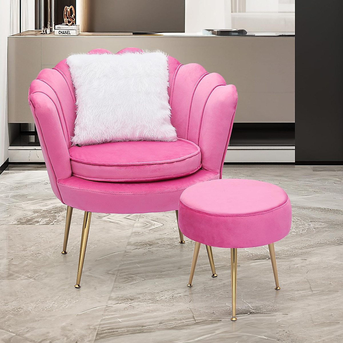 MoNiBloom Pink Accent Chair with Ottoman, Living Room Upholstered Modern Velvet Chair, Bedroom Leisure Single Sofa Chair Armchair Comfy Chair Reading Club Coffee Chair with Pillow and Soft Cushion