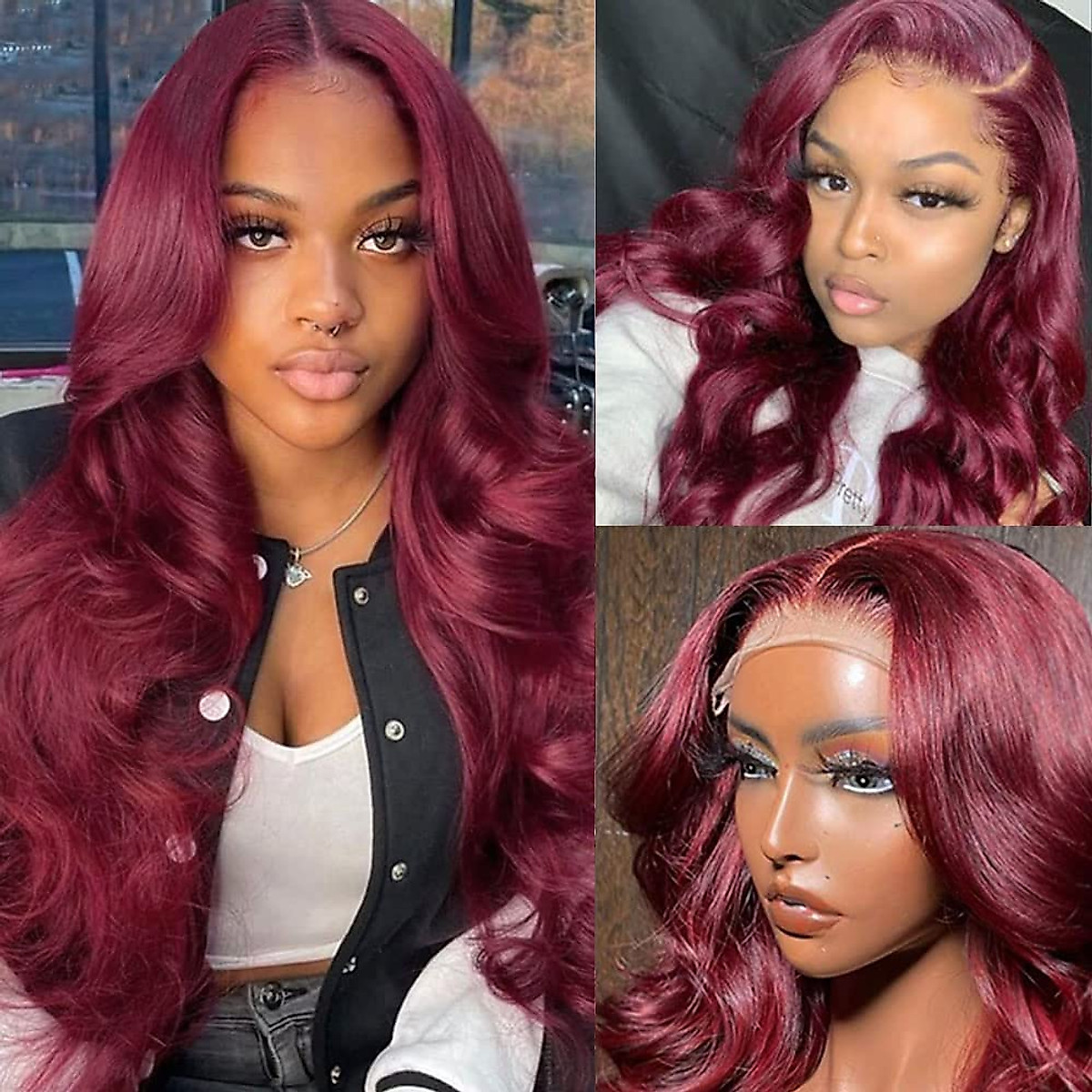 sdamey 13x6 Lace Front Wigs Human Hair 99j Burgundy Body Wave 180 Density Glueless Wigs Human Hair Pre Plucked Pre Cut Hd Lace Front Wigs Human Hair Wigs For Women 26 Inch