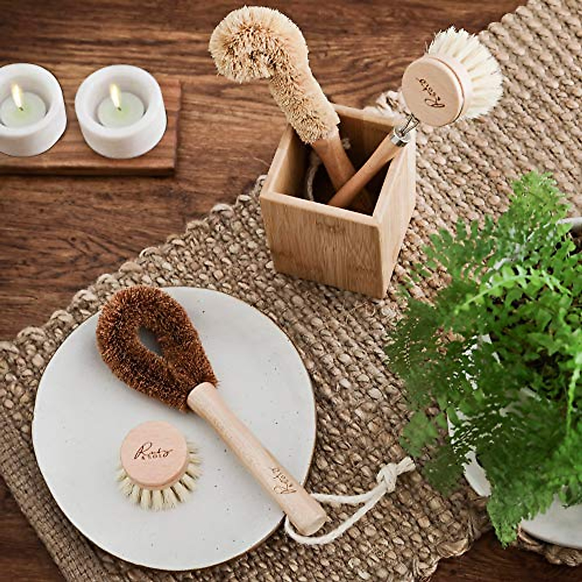 Natural Kitchen Cleaning Brush Set. Eco-Friendly Wooden Brush Set for Cleaning Kitchen Dishes, pots & Pans. Wooden Dish Brush, Pot Brush & Bottle Cleaner. Made of Beech Wood & Natural bristles