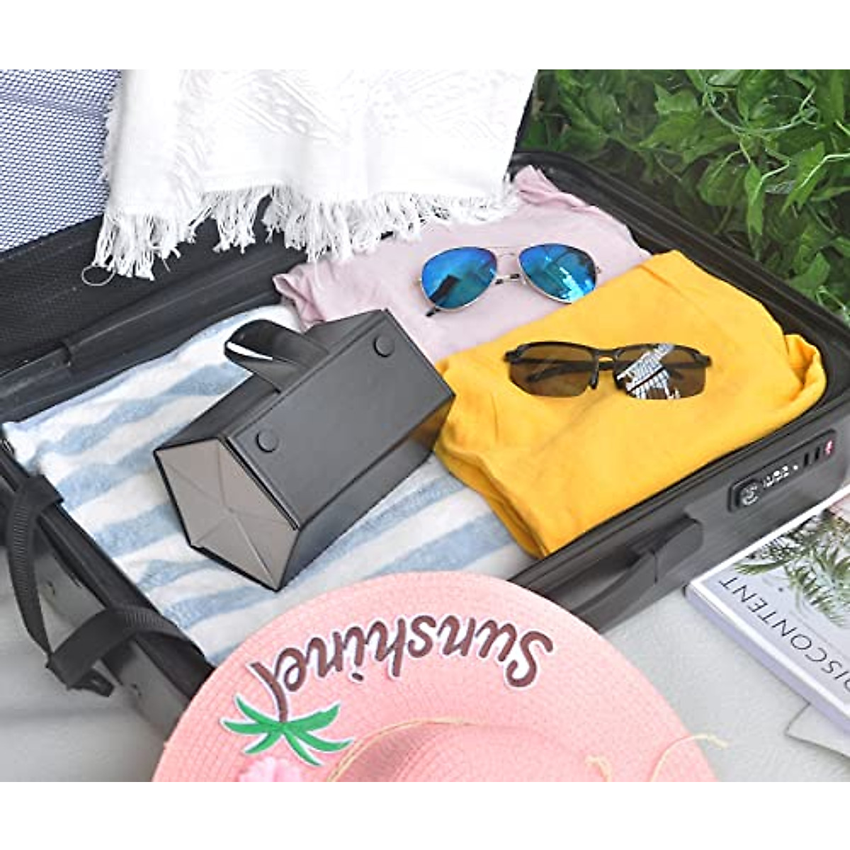 YANLAEH Travel Sunglasses Organizer Case 5 Slot Foldable Leather Multiple Eyeglasses Storage Holder Stand Hard Shell (Black)