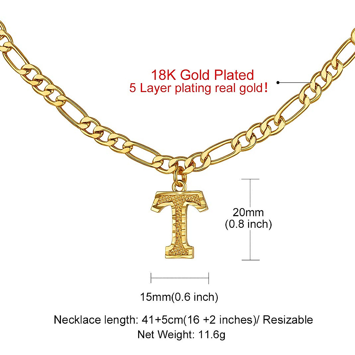 Gold Plated Diamond Cut Letter Initial T Pendant Necklace for Women A-Z Name Jewelry 16Inch/18inch Figaro Choker Chain Adjustable Personalized