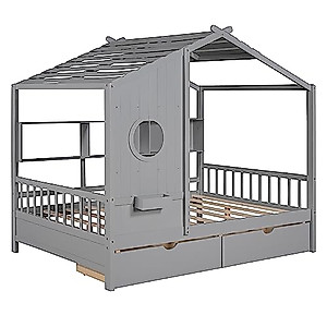 BOVZA Full Size House Bed with 2 Storage Drawers, Kids Bed with Storage Shelf, Wooden House Bed with Roof for Kids Boys Girls Teens, Gray