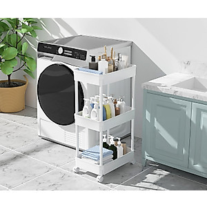 Sooyee 3-Tier Plastic Rolling Utility Cart with Wheels, Multi-Functional Storage Trolley for Office, Living Room, Kitchen, Movable Storage Organizer with Wheels, White