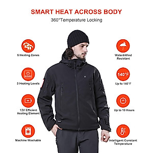 DEWBU Heated Jacket for Men with 12V Battery Pack Winter Outdoor Soft Shell Electric Heating Coat, Men's Black, L