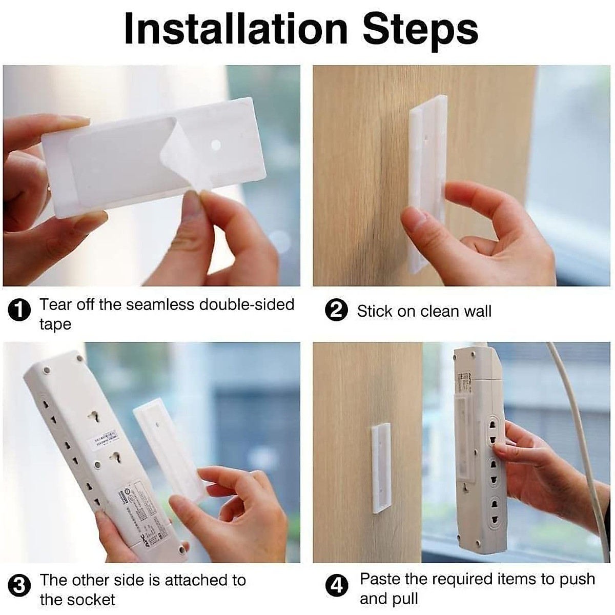 Htppzjr Wall-Mounted Sticker Punch-Free Plug Power Strip Holder Fixator Traceless Fixer Self-Adhesive Fixer Organizer Socket Home, 5Pcs, White