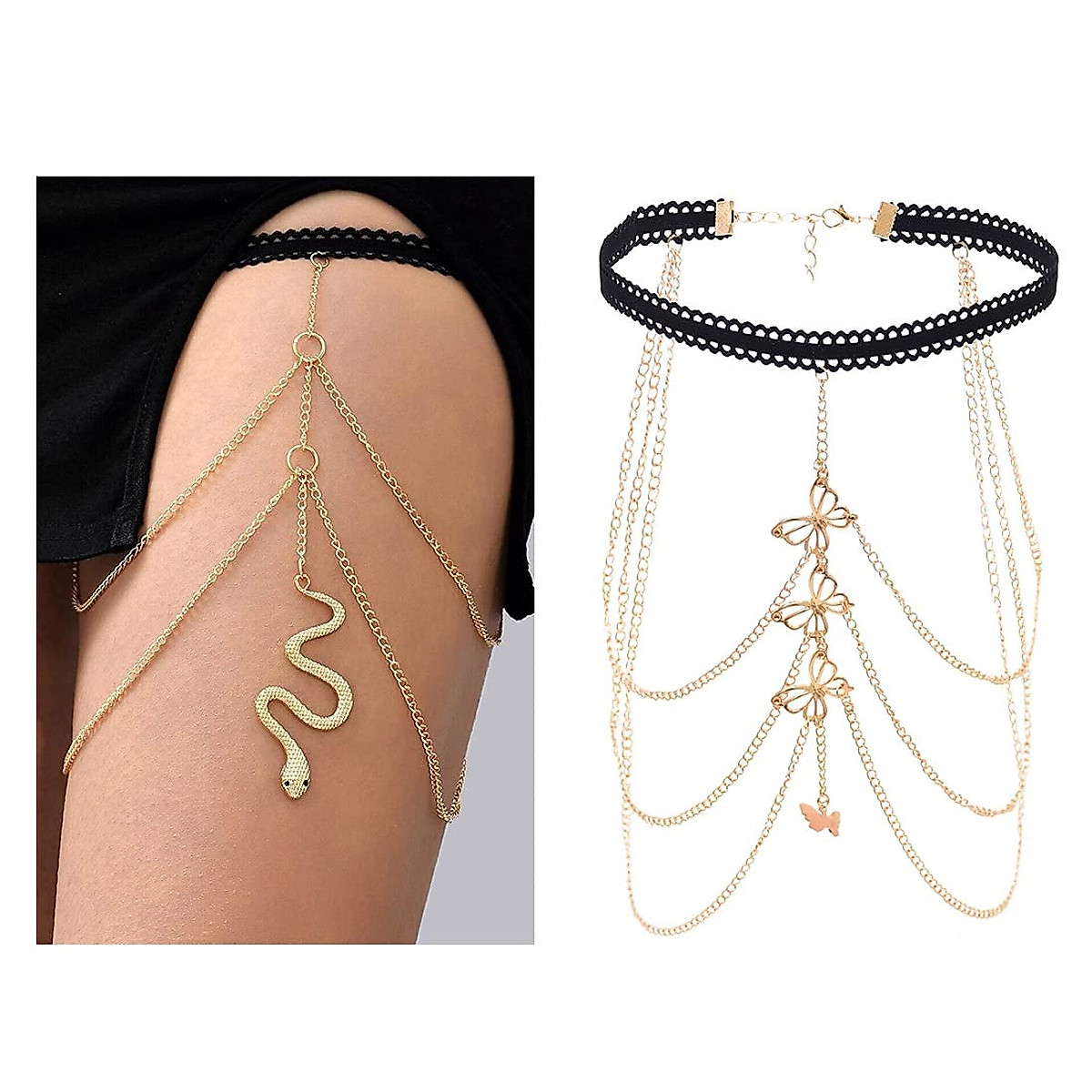 Thigh Jewelry for Women - 2 Pcs Leg Chain Snake Butterfly Boho Women's Body Chains for Teen Girls Layered Beach Body Jewelry for Summer Holiday