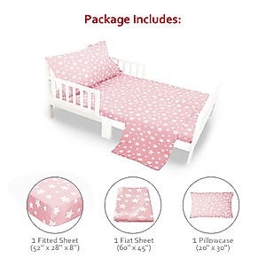 Toddler Bed Sheets for Girls, 3 Piece Toddler Sheet Set, Soft Breathable Toddler Bedding Sets Includes a Flat Sheet, a Fitted Sheet , a Pillowcase, Baby Bedding Sheet & Pillowcase Set, Pink Star