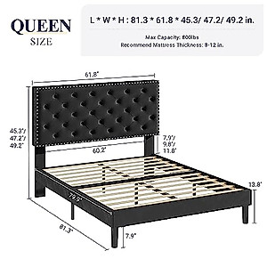 Allewie Queen Size Bed Frame, Velvet Upholstered Platform Bed with Adjustable Diamond Button Tufted & Nailhead Trim Headboard, Wood Slat Support, Easy Assembly, No Box Spring Needed, Black