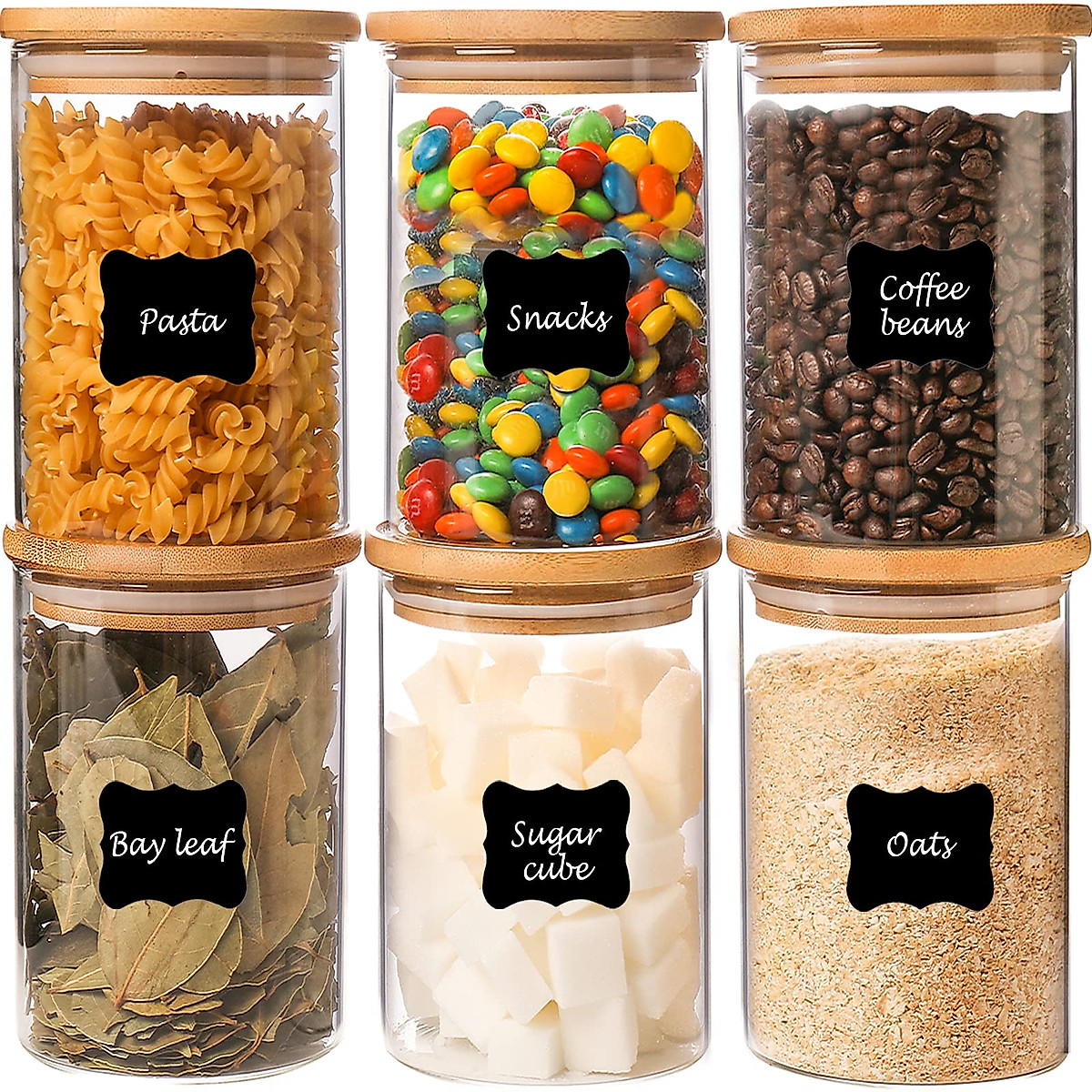 GoldArea 6 Pack Glass Jars, 24 oz Glass Food Storage Containers with Airtight Bamboo Lids, Spice, Cookie, Candy Jar, Canister Sets for Kitchen Counter, Containers for Pantry Organization and Storage