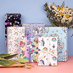 MAYPLUSS Wrapping Paper Sheet - Folded Flat - 6 Different Adorable Design (22.4 sq.ft.ttl.) - Uniconrn, Rainbow - 19.6 inch X 27.5 inch Per Sheet