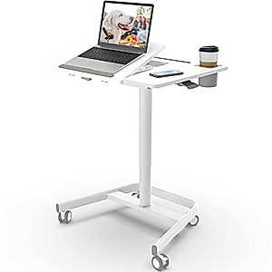 JOY worker Mobile Standing Desk, Pneumatic Height Adjustable Table, 60° Tiltable Rolling Laptop Desk, Portable Sit Stand Desk with Wheels Cup Holder for Bed Couch School, Holds Up to 22lbs, White