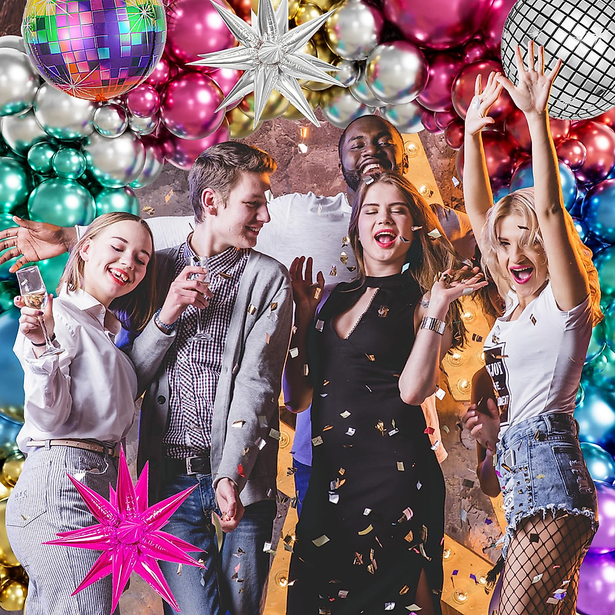 Chrome Balloon Garland Arch Kit 126Pcs Disco Party Decorations with Disco Ball Balloons and Explosion Star Foil Balloons for 80s 90s Disco Birthday Graduation Galaxy Prom Party Decoration