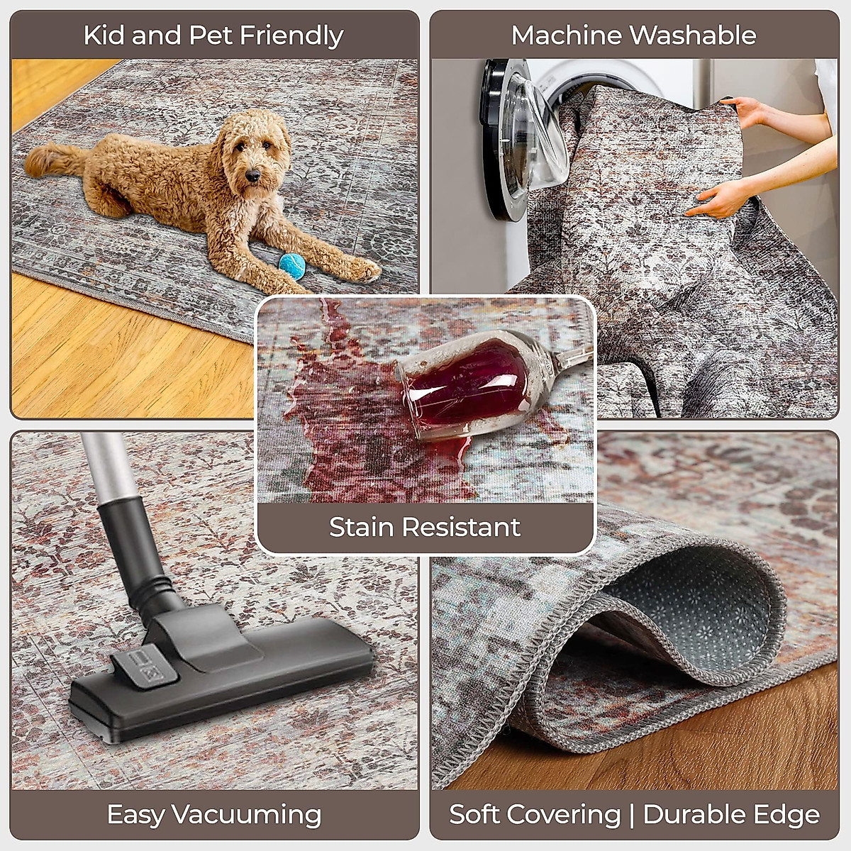 SUPERIOR Diamond Medallion Washable Rug, Cotton Backing, Pet & Kid Friendly, Easy Care, Non-Slip Rugs for Dining, Living Room, Kitchen, Bedroom, Low Pile Area Rug, Macaw Collection, 6' x 9', Cream