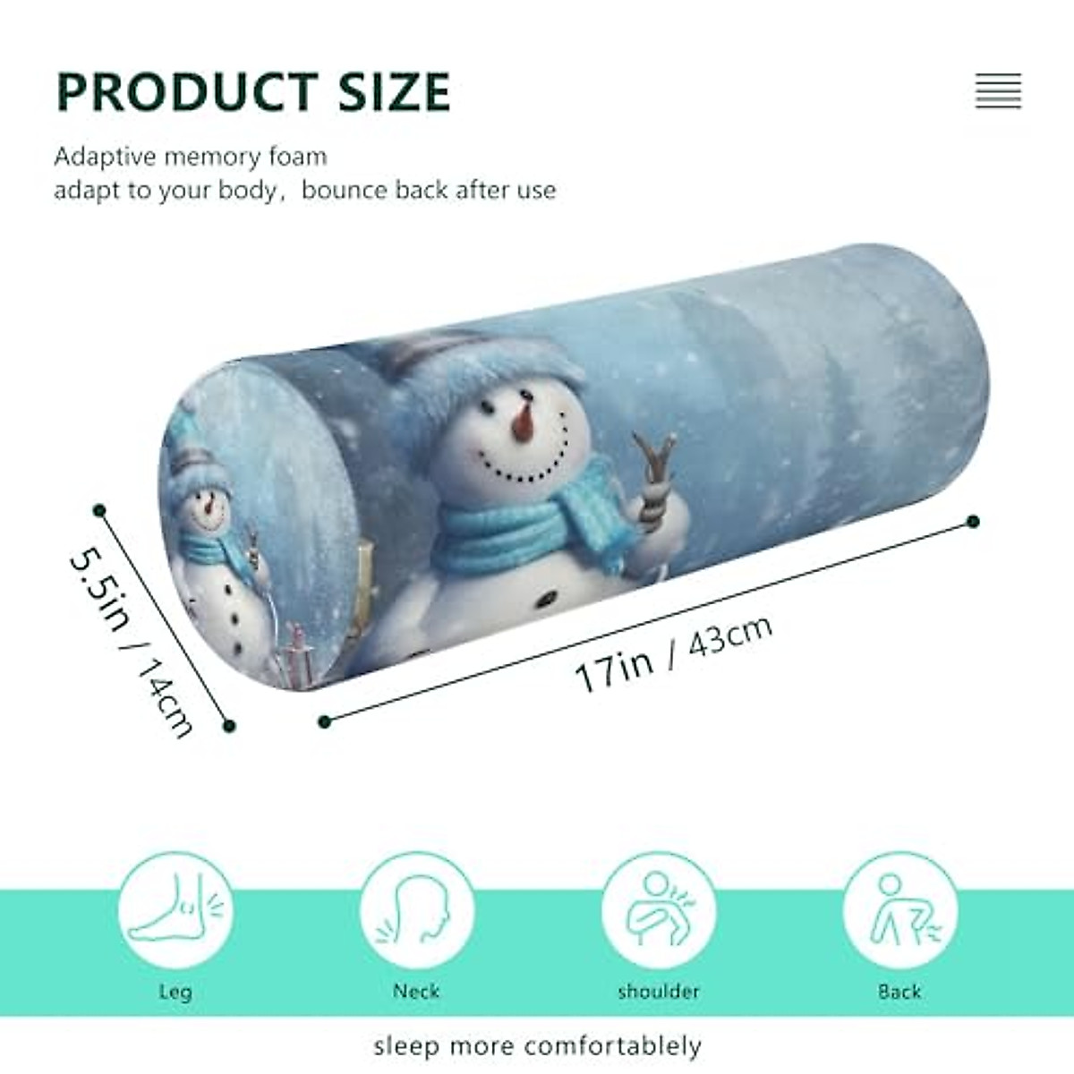 xigua Christmas Snowman Neck Roll Pillow for Neck Relief with Removable Washable Cover - Memory Foam Round Cylinder Bolster, Ergonomically Designed for Head, Neck, Back, and Legs