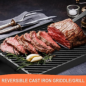 Cast Iron Reversible Grill Plate, Cast Iron Cookware with Removable Handle, Cast Iron Steak Plate Sizzle Griddle, Cast Iron Skillet Pan, Pre-Seasoned Cast Iron Oven Grill Pan (11.6"x12" Rectangular)