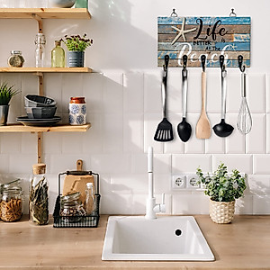 Key Holder for Wall Ocean Beach Starfish Wood Wall Mounted Key Hooks Hang Key/Dog Leash/Sunglasses Summer Farmhouse Navy Blue Key Rack Organizer with 5 Hooks for Home, Entryway, Hallway