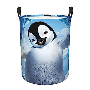 Cute Penguins Baby Taking Pictures Laundry Basket Protable Circular Laundry Hamper Storage Bin Organizer With Handles For Bathroom,Bedroom Clothes