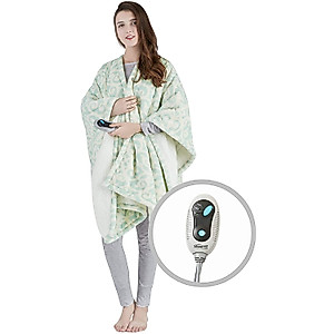 Beautyrest Ultra Soft Sherpa Berber Fleece Electric Poncho Wrap Blanket Heated Throw with Auto Shutoff, 50 in x 64 in, Dusty Blue Lattice