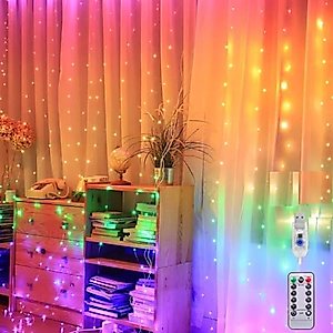 Honche Led Curtain Lights 300 LED 8 Modes USB with Remote for Home Room Bedroom Wedding Party Vacation Window Wall Decorations Room Decor (Rainbow Color)