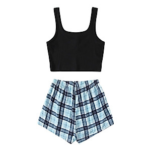 Verdusa Women's 2 Piece Outfits Crop Tank Top and Plaid Shorts Cute Loungewear Pajama Set Black Blue XL