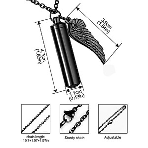 Dletay Cylinder Cremation Urn Necklace for Ashes Memorial Keepsake Pendant with Angel Wing Stainless Steel Remembrance Jewelry(Black)