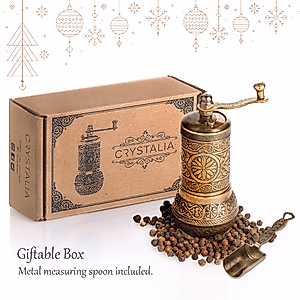 Decorative Black Pepper Grinder, Refillable Turkish Spice Mill with Adjustable Coarseness, Manual Pepper Mill with Handle, Spice Grinder Metal with Hand Crank, Antique Gold