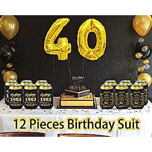 BdayPtion 40th Birthday Decorations for Men Women, 40th Party Decorations, 40 Year Old Bday Party Supplies, Forty Birthday Present, Black and Gold Pack of 12 Can Cooler Sleeves