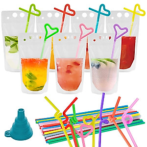 Enkrio 100Pcs Drink Pouches for Adults Clear Drink Pouches with Straws Juice Pouches for Adults Plastic Drink Bags Stand up Hand-held Zipper Smoothie Bags with 100 Straws & Silicone Funne