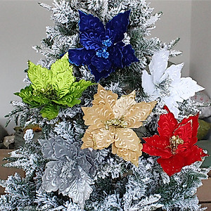Sucpur 6Pcs Christmas Red Poinsettia Flower, 11 Inch Artificial Glitter Floral Heads Flower Plastic DIY Garden Velvet Decoration Wreath Home Artifical Flowers, White, 210608QY01-5-6-10049-2006202041