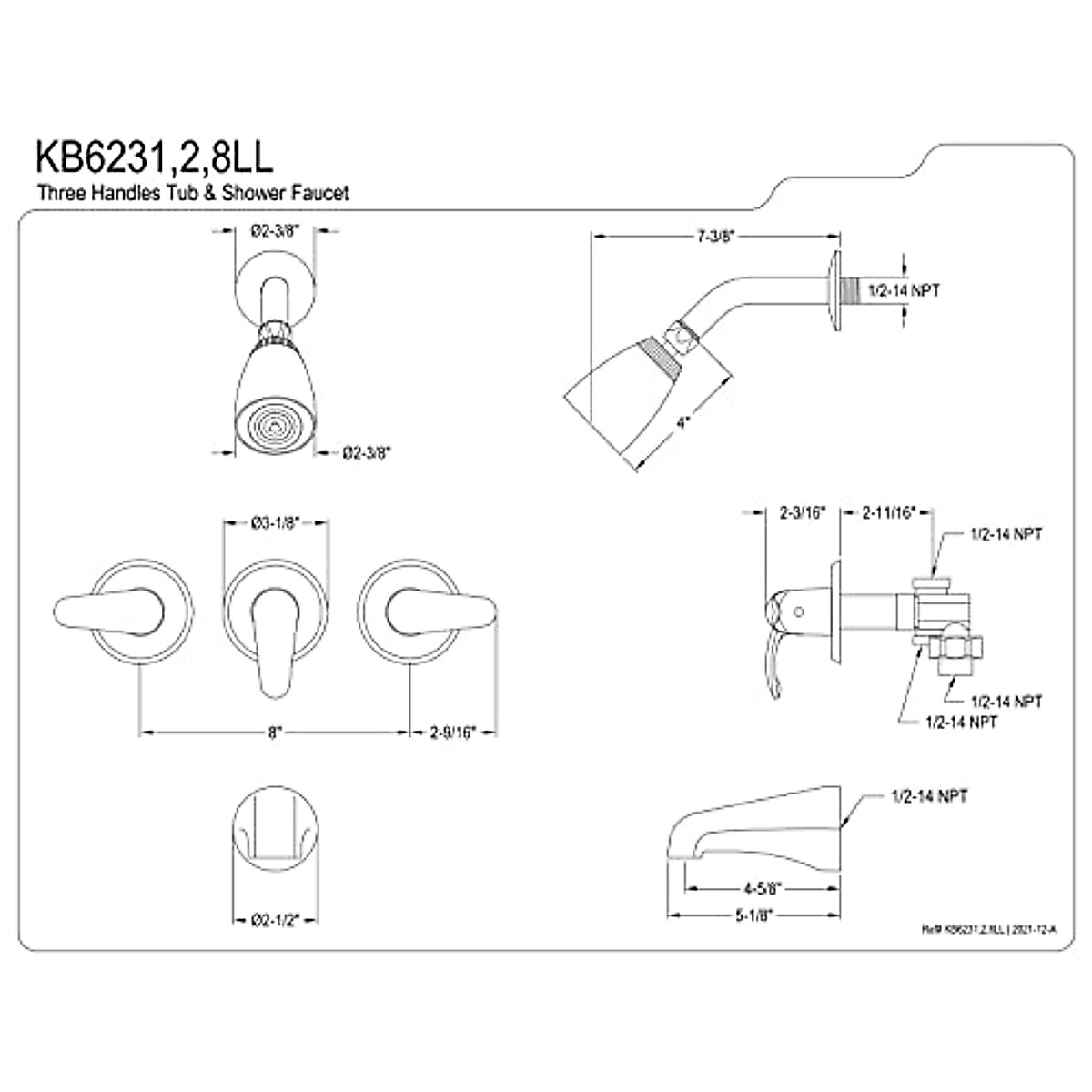 Kingston Brass KB6238LL Legacy Tub and Shower Faucet, Brushed Nickel,5-Inch Spout Reach