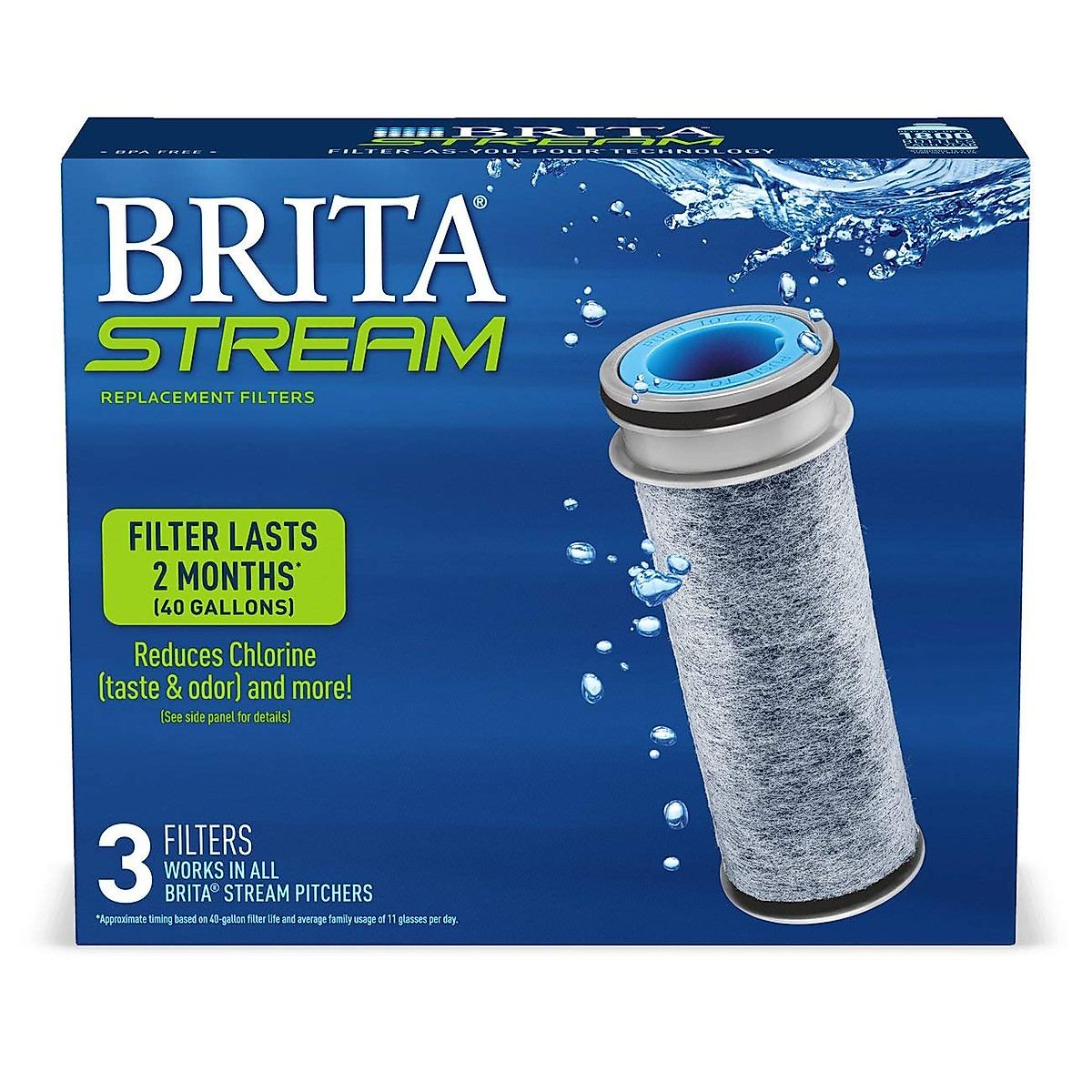 Brita Stream Water Filter Replacements for Stream Pitchers and Dispensers, Lasts 2 Months, Reduces Chlorine Taste and Odor, 3 Count