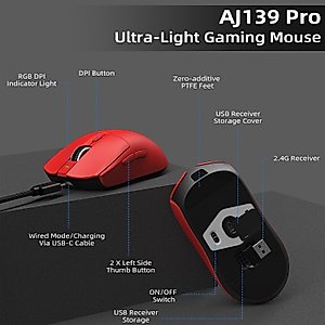 A.JAZZ AJ139 G Pro Wireless Gaming Mouse Ultra-Lightweight 59g with Dual Mode-Type C Wired/2.4Ghz USB Receiver up to 26000DPI 6 Programmable Button Ergonomic Symmetric for PS4 Xbox PC Mac Gamer(Red)