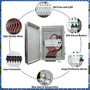 YUUCOO New Upgraded 6 String PV Combiner Box for On/Off Grid Solar Panel System, Solar Combiner Box with 15A Rated Current Fuse, 63A Air Circuit Breaker, Surge Protective Device