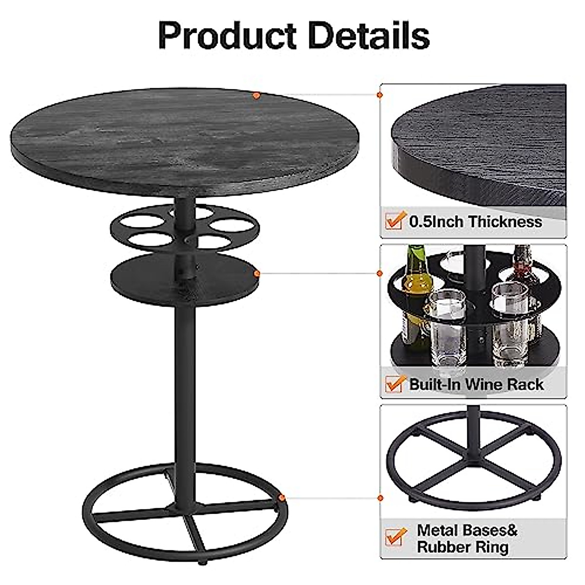 VECELO Round Bistro Bar Table 36.2 inch Height, 23.6 inch High Wooden Top, Sturdy Metal Frame with Pedestal, Perfect for Cocktail, Pub, Easy Assembly, Black