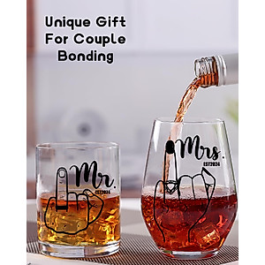 comfit Engagement Gifts for Couple - Funny Bridal Showeer Gifts,Wedding Gifts for New Couple,Finger Wine&Whiskey Glass,Glass Wine Gifts for Mr Mrs,Newlywed,His and Hers18.5,13.8OZ