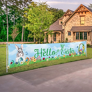 Hello Easter Banner Decorations Outdoor Happy Holiday Large Yard Sign Party Supplies 120" x 20" Welcome Backdrop Cute Eggs Bunny Rabbit Basket Flowers Spring Home Decor Vivid Colors Fabric Polyester with Brass Grommets for Outside Indoor Garden Fence Gara