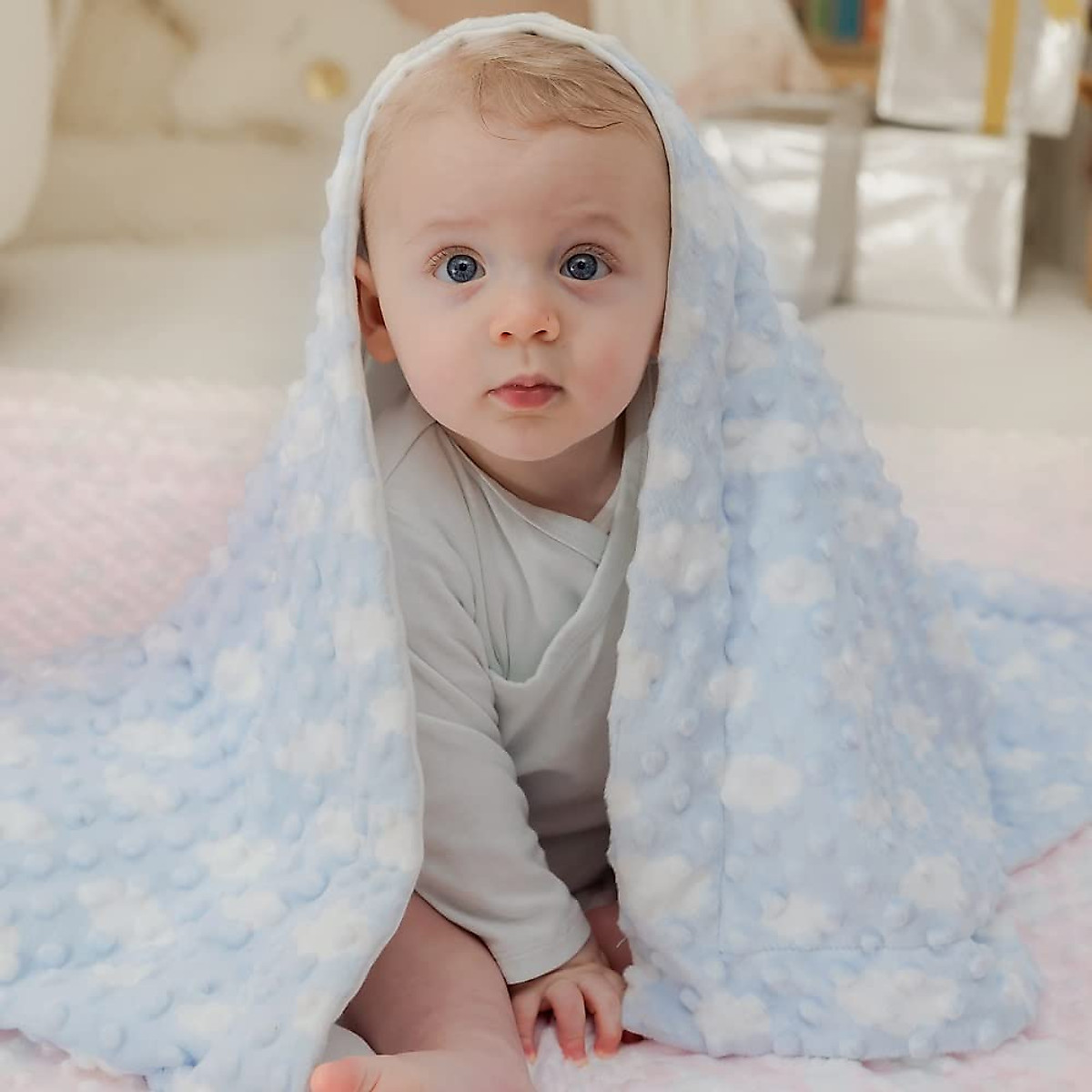 Plush Embossed Raised Dot Baby Blanket for Boys and Girls, Soft Velbo Mink Dotted Double Layer Receiving Blanket Bamboo Fabric Backing for Newborn Premium Quality Blanket, Blue 30" x 40