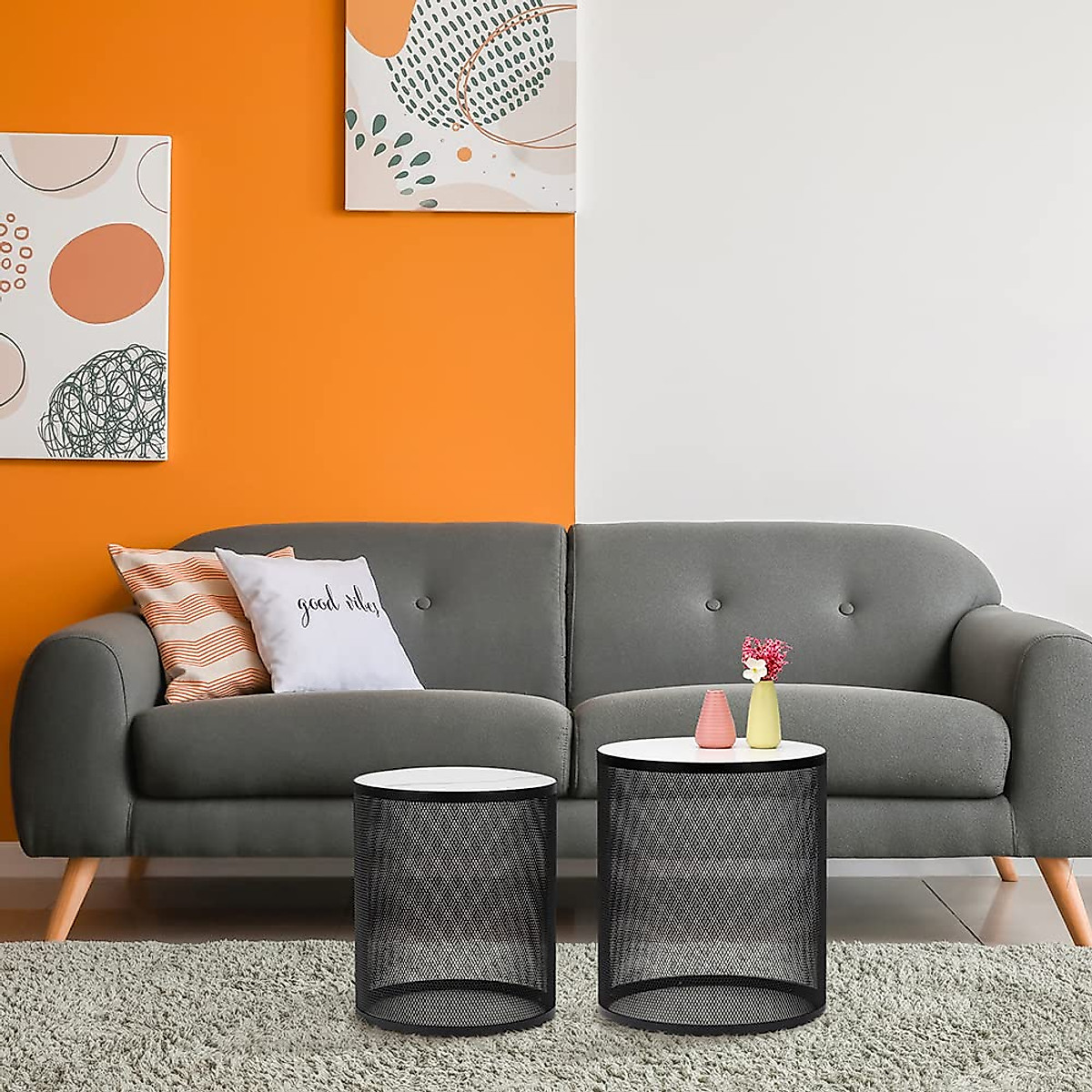 NordStorm Nesting Coffee Table Set of 2, Metal Side End Table, Modern Net Hollow Coffee Table Set for Office, Bedroom and Living Room, Black