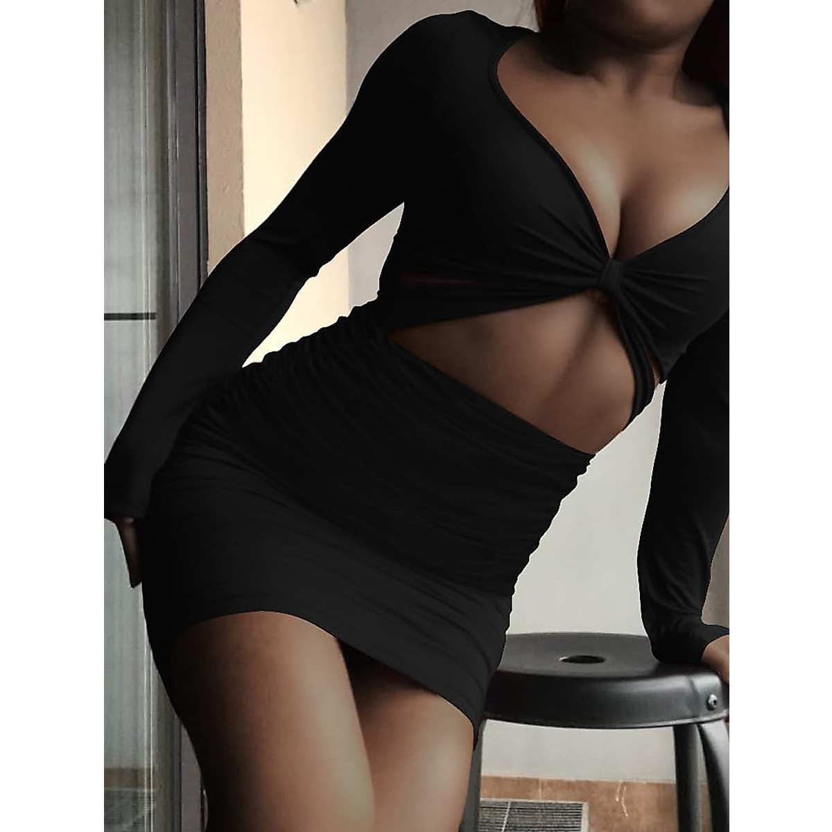 XXTAXN Women's Sexy Bodycon Deep V Neck Long Sleeve Cut Out Club Mini Dress Black